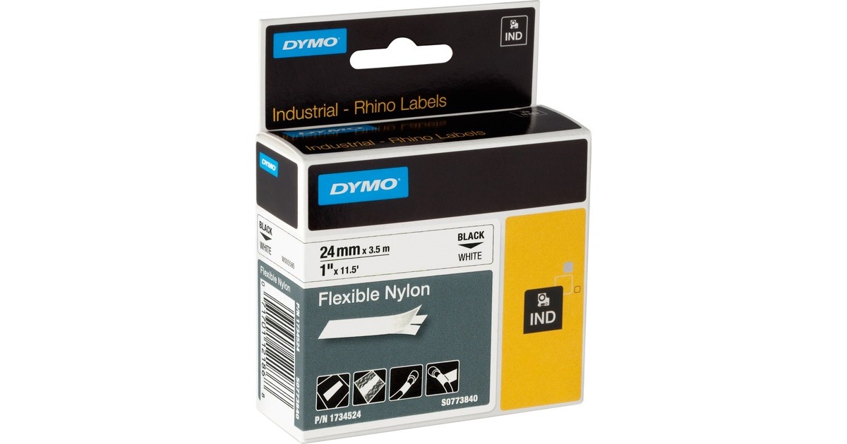 Dymo Rhino IND ORIGINAL Schriftband Flexibles Nylon 24mm x 3,5m, schwarz auf weiß permanent ...