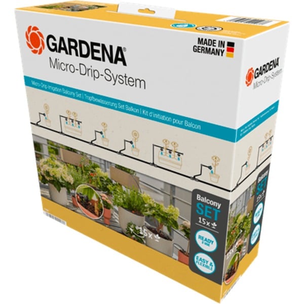 GARDENA Micro-Drip-System Tropfbewässerung Set Balkon, 15 Pflanzen, Tropfer schwarz/grau, Modell ...